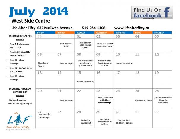 Life After Fifty - Program News - July Schedule of Events